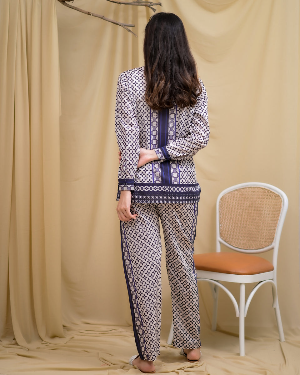 Beige Blue Pattern Co-ord Set – Paraa India