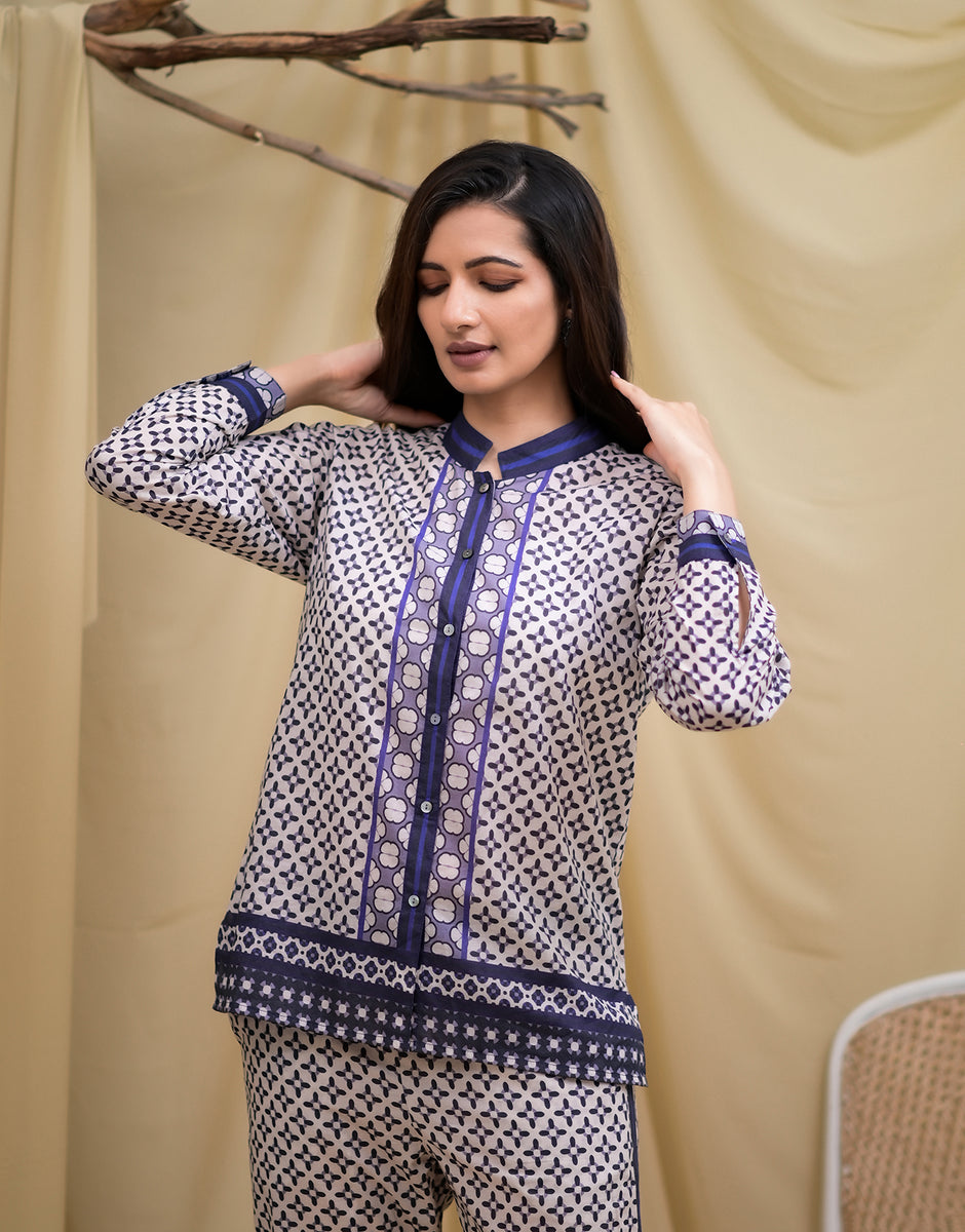 Beige Blue Pattern Co-ord Set – Paraa India